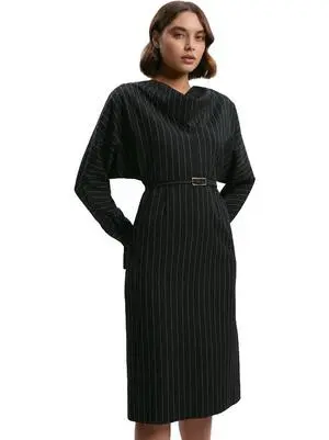 Karen Millen Pinstripe Belted Midi Dress - Black