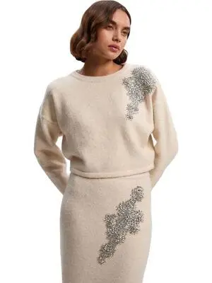 Karen Millen Wool Embellished Crew Neck Jumper - Cream