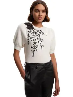 Karen Millen Flower And Beaded Puff Sleeve Knit Tee - Ivory
