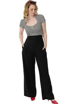 Unique Vintage High-waisted Wide Leg Pleated Pants With Belt - Black