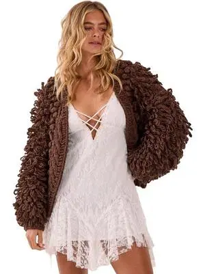 Nasty Gal Chunky Loop Yarn Knitted Cardigan - Chocolate