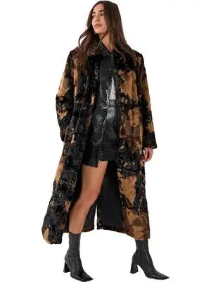 Nasty Gal Cow Print Faux Fur Longline Coat - Brown
