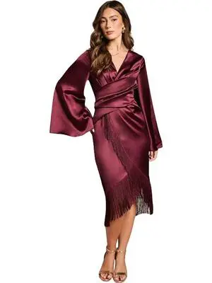 Coast Satin Fringe Hem Wrap Waist Midi Dress - Burgundy