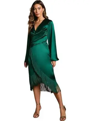Coast Coast Satin Fringe Hem Wrap Waist Midi Dress Emerald