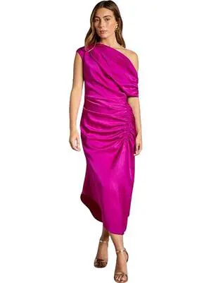 Coast Satin One Shoulder Midi Dress - Dark Pink