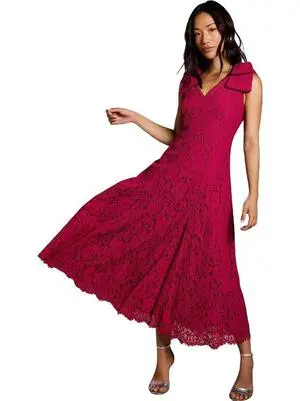 Coast Bow Shoulder V Neck Lace Midi Dress - Burgundy