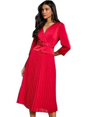 Coast Satin Bodice Pleat Skirt Midi Dress - Red
