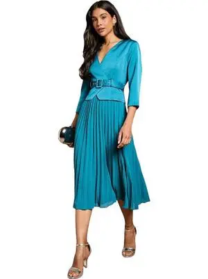 Coast Satin Bodice Pleat Skirt Midi Dress - Teal