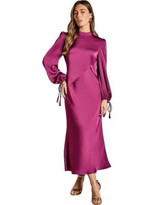 Coast Blouson Sleeve Satin Midi Dress - Berry
