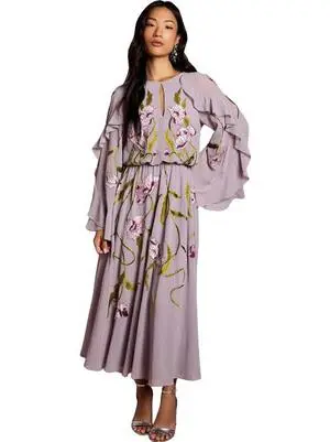 Coast Embroidered Tiered Chiffon Midi Dress - Mauve