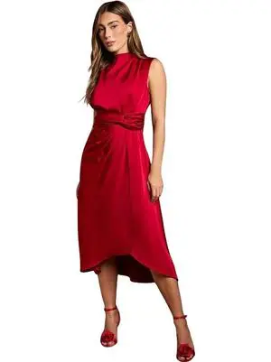 Coast Satin Twist Waist Midi Dress - Red