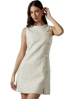 Coast Sequin Boucle Shift Dress With Bow Embellishments - Ivory