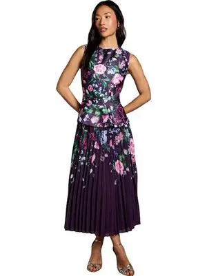 Coast Structured Print Pleated Midi Dress - Berry