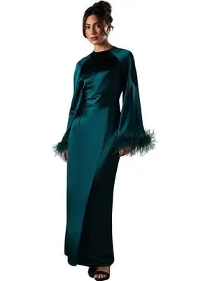 Coast Coast Feather Trim Satin Maxi Dress Green