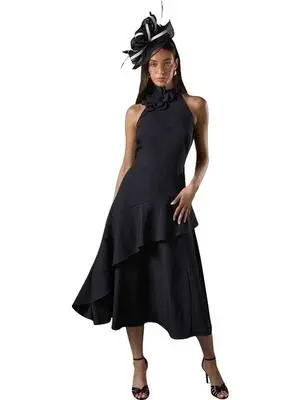 Coast High Neck Corsage Detail Midi Dress - Black