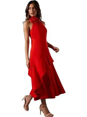 Coast High Neck Corsage Detail Midi Dress - Flame Red
