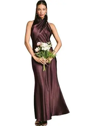 Coast Satin High Neck Fishtail Maxi Dress - Espresso