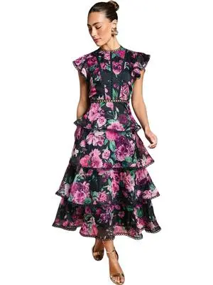 Coast Lace Trim Tiered Organza Midi Dress - Navy