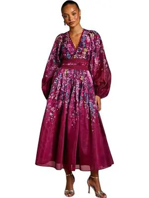 Coast Petite Organza Lace Trim Midi Dress - Plum