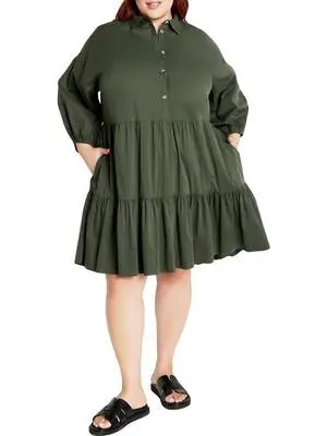 CITY CHIC Kiara Balloon Sleeve Tiered Shirtdress