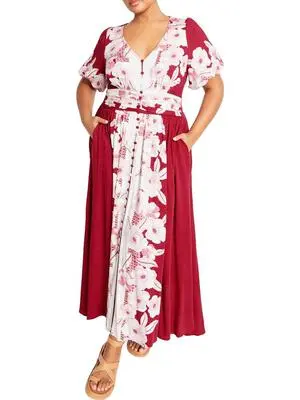 City Chic Sybelle Floral Shirred Waist Maxi Dress - Red
