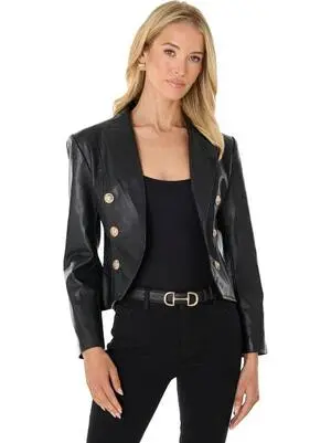 THE NOLI SHOP Gabrielle Leather Double Breasted Blazer - Black Leather
