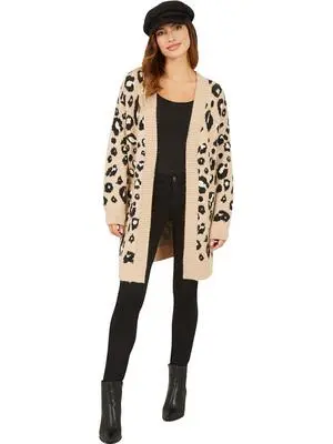 YUMI Animal Intarsia Knit Long Cardigan - Beige