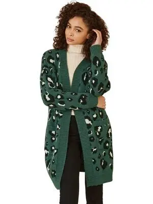 YUMI Animal Intarsia Knit Long Cardigan - Green