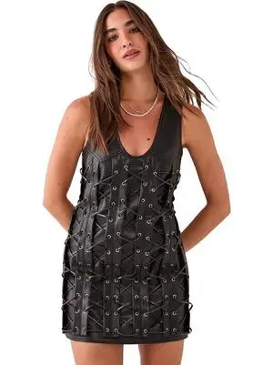 Nasty Gal Eyelet Lace-up Faux Leather Mini Dress - Black