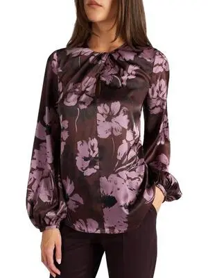 Santorelli Elena Long Sleeve Twist Neck Blouse In Floral Twill Crepe - Raisin