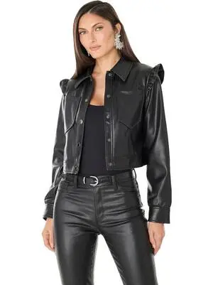 THE NOLI SHOP Chantal Ruffle Sleeve Leather Jacket - Black