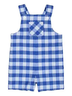 FLORENCE EISEMAN Plaid Seersucker Shortall With Front Pocket - Blue/white