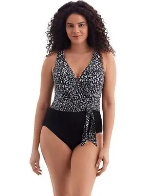 LONGITUDE Belted Surplice Long Torso One-piece Swimsuit - Second Wave