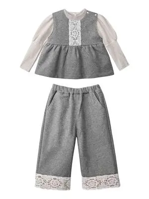 SWEET CACTUS Lace-layered Tunic Set - Grey