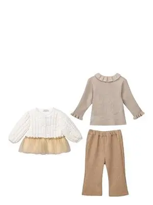 SWEET CACTUS Quilted Ruffle Three-piece Outfit - Beige
