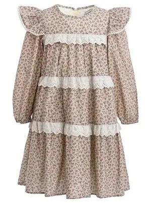 SWEET CACTUS Floral Lace Tiered Dress - Beige