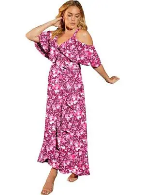 JUNE + VIE Cold-shoulder Faux-wrap Maxi Dress - Flower Field Burgundy