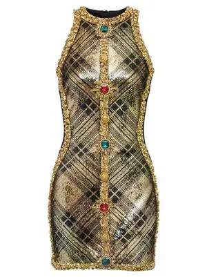 Balmain Plaid Jewel-embellished Sleeveless Dress - Gold