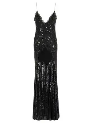 NISSA Sequin Embellished Lace Maxi Dress - Black