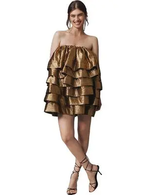 L'IDEE Mayfair Tiered Ruffle Mini Dress - Gold Glitter
