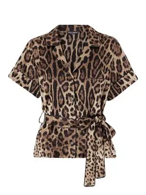 Dolce & Gabbana Belted Leopard Print Silk-Blend Satin Shirt Leopard Print