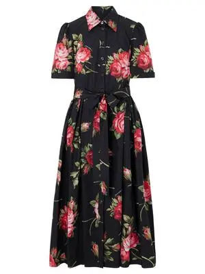 Dolce & Gabbana Belted Floral-print Cotton-poplin Midi Dress - Black