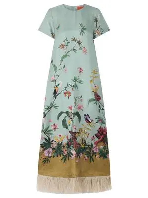 La DoubleJ Swing Feather-trimmed Printed Silk-twill Maxi Dress - Green