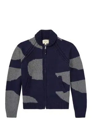Folk Curve Two-Tone Knitted Zip-Up Cardigan Navy
