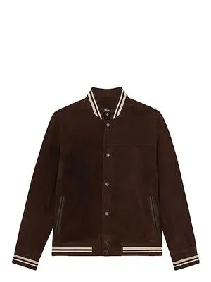 REISS Suede Bomber Jacket With Stripe Trim - Chocolate Brown