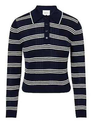 REFORMATION Hermia Striped Merino Wool Polo Top - Parmesan Navy Stripe