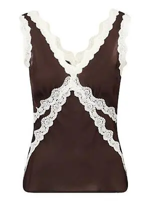 Paige Lace-trim Silk Top - Chocolate/ivory