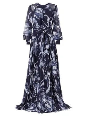 Erdem Belted Pleated Printed Chiffon Gown - Blue