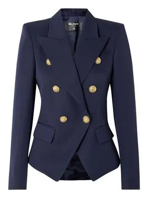 Balmain Double-breasted Grain De Poudre Wool Blazer - Blue