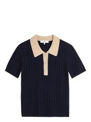 FRAME Ribbed Cashmere Polo Top - Navy